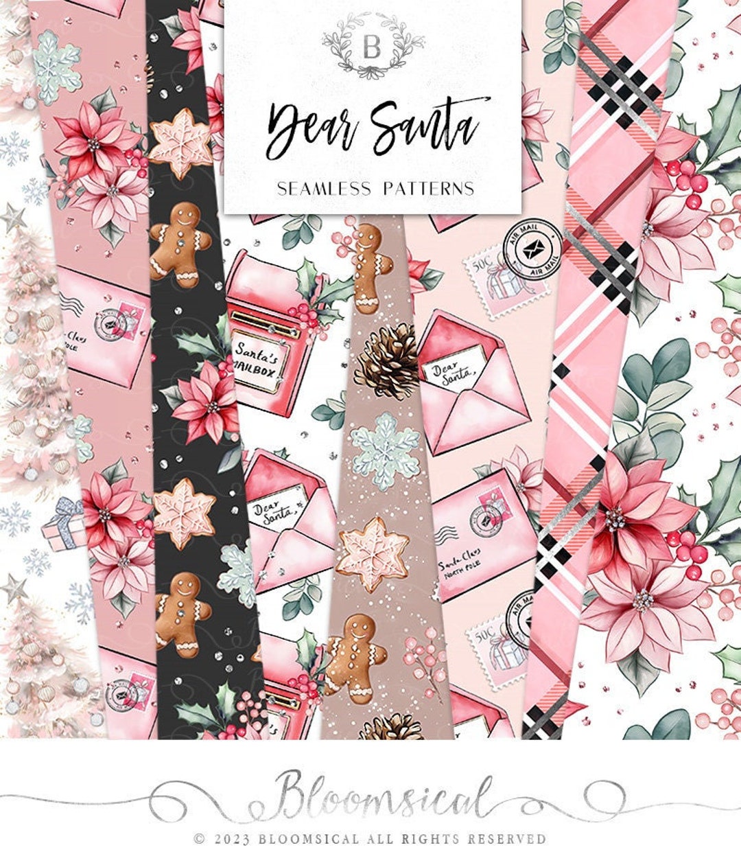 Dear Santa Digital Papers | Christmas Letters, Stamps, Flowers Seamless ...
