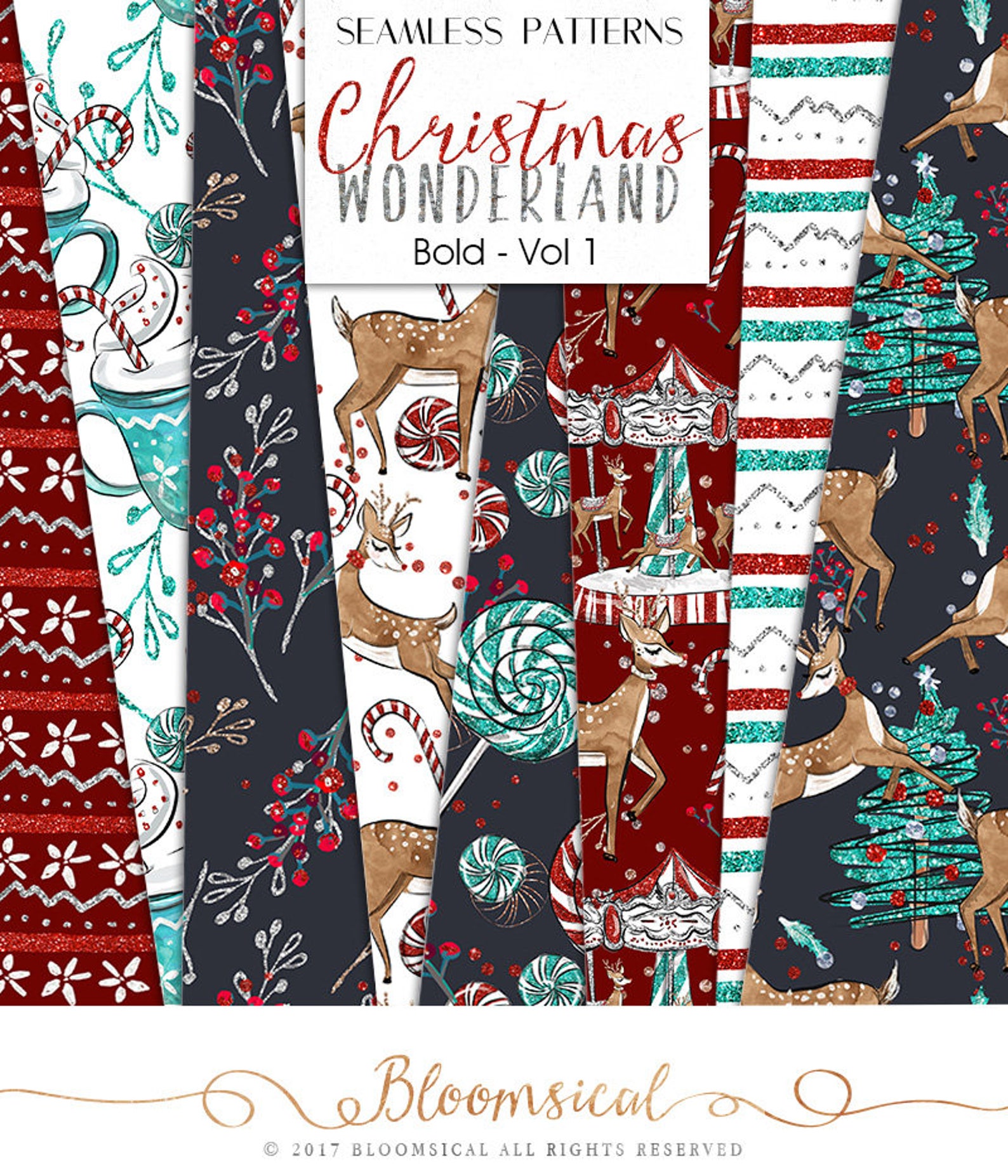 Christmas Digital Paper Pack Reindeer Peppermint Candy | Etsy