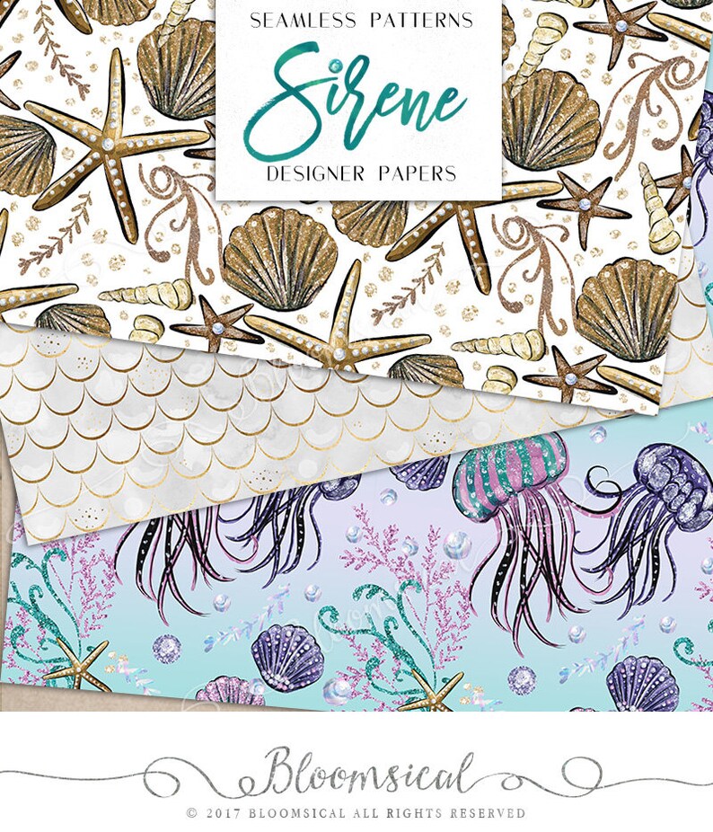 Mermaid Digital Papers Seahorse Starfish Sea Life Glitter - Etsy