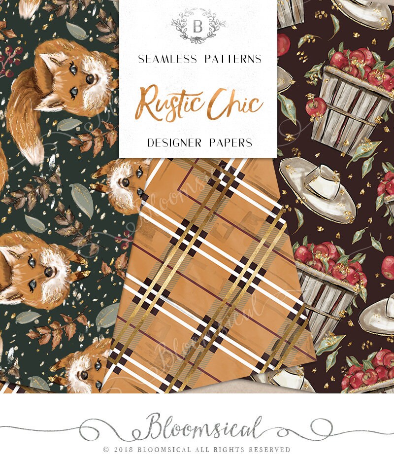 Fall Digital Papers Rustic Chic Apple Fox Wood Plaid Cozy | Etsy