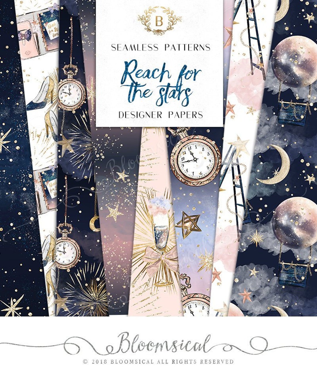 Celestial Digital Papers Galaxy Moon Stars Clock Sky Celebration Seamless Surface Patterns ...