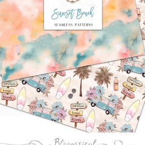 Sunset Beach Digital Papers | Pastel Summer Floral Watercolor Seamless ...