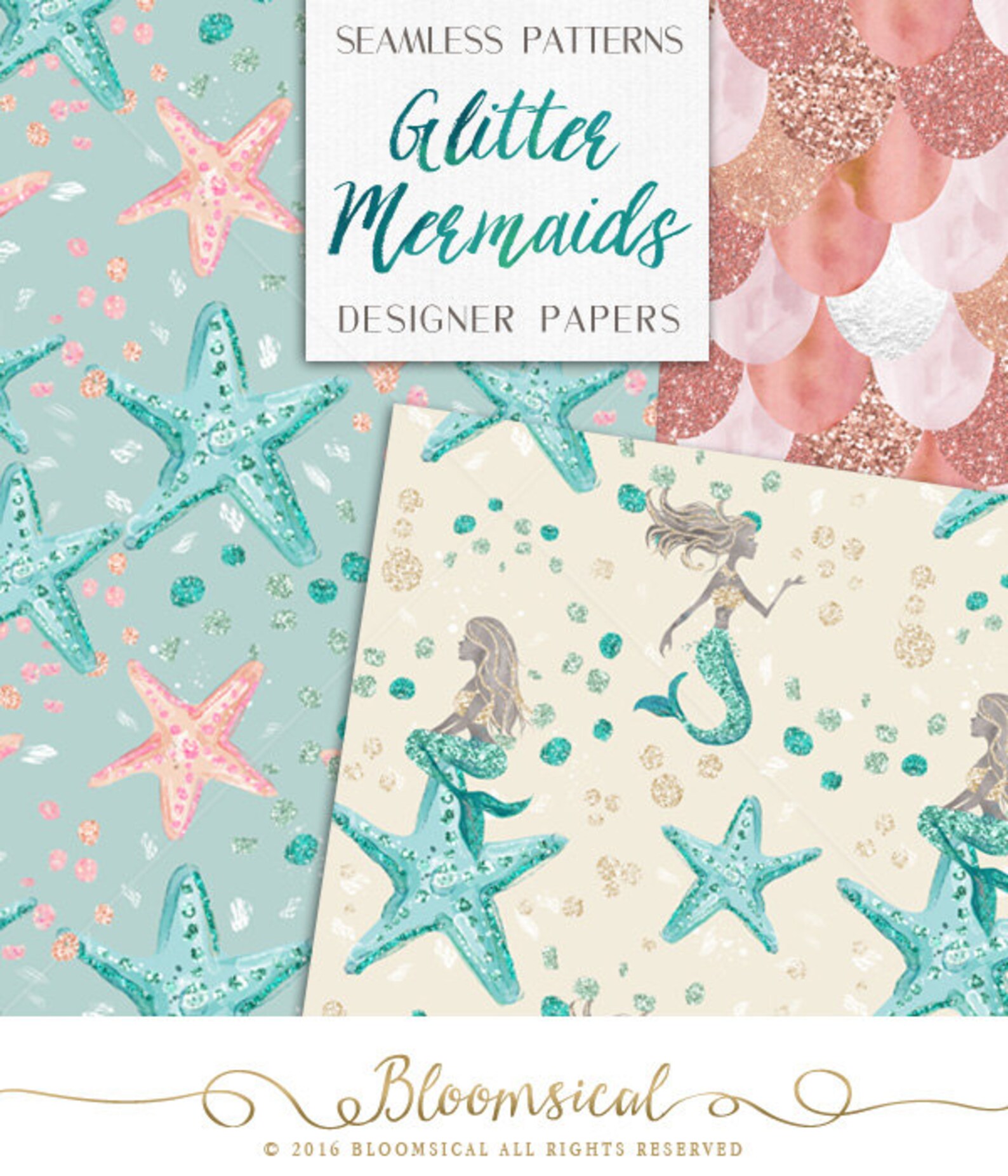 Mermaid Digital Papers Hand Painted Glitter Mermaids - Etsy