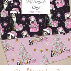 Christmas Digital Paper Holidays Tree Decoration Gifts Dogs Winter Pink ...