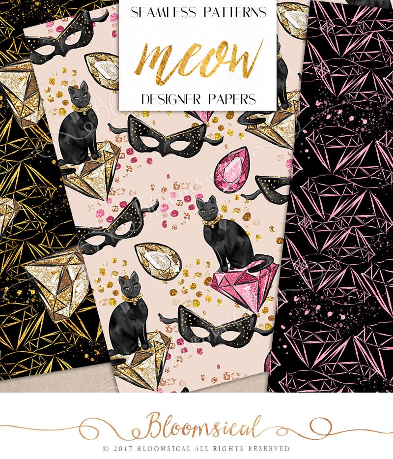 Meow Cat Digital Paper Pack Watercolor Cats Jewels Gold - Etsy