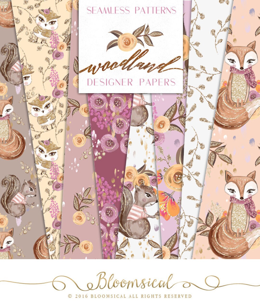 Woodland Digital Papers | Fall Graphics Cute Glam Fox Owl Squirrel ...