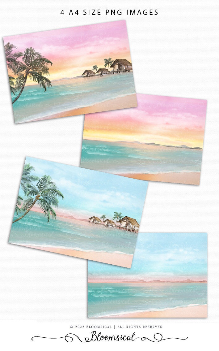 Summer Beach Watercolor Background Scenes Sunset Day A4 | Etsy