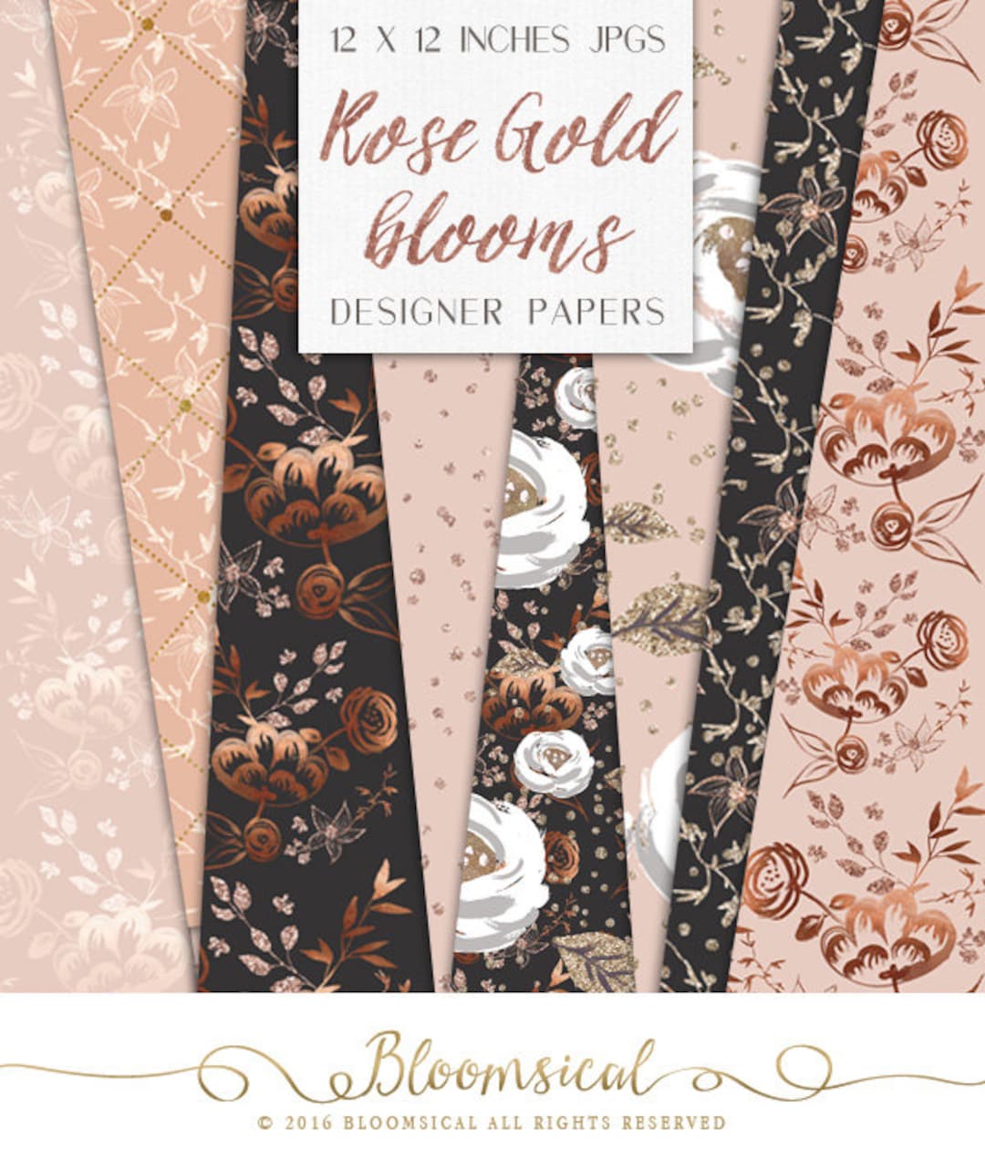 Rose Gold Floral Digital Papers Hand Drawn Flowers Foliage - Etsy