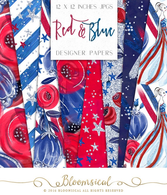Red Blue Digital Papers 4th of July Hand painted Floral | Etsy