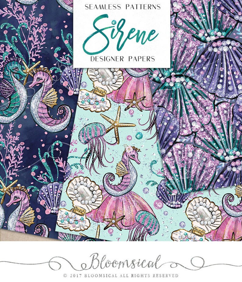 Mermaid Digital Papers Seahorse Starfish Sea Life Glitter - Etsy