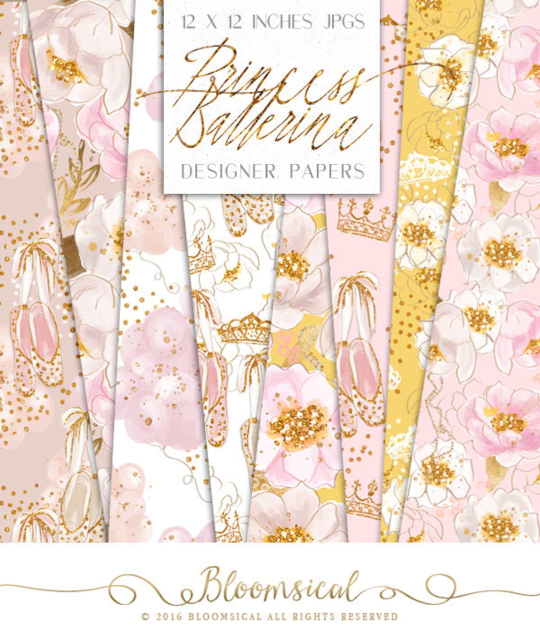 Princess Ballerina Digital Papers | Flowers Glitter Gold Crown Tiara ...