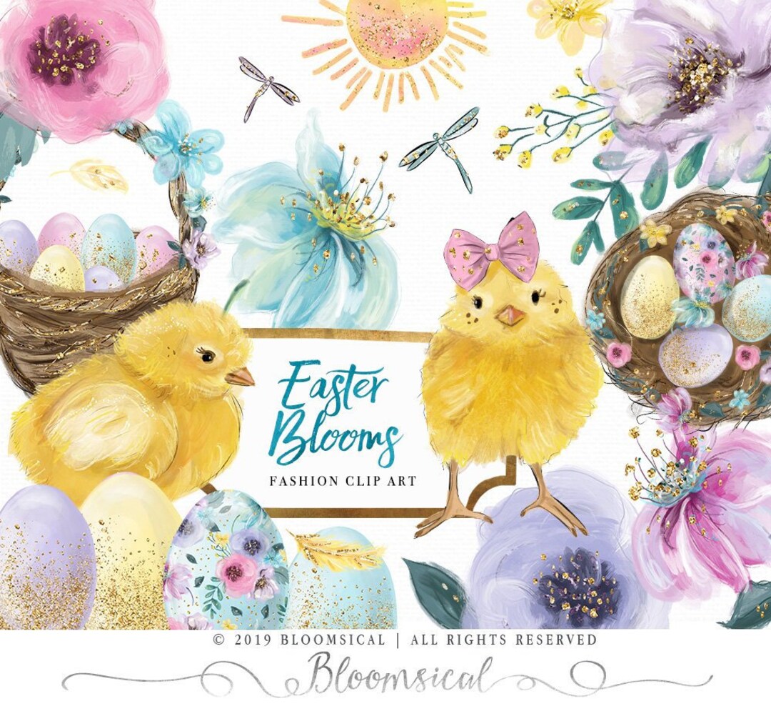 Easter Blooms Clip Art Spring Flowers Yellow Chick Eggs Gold Glitter ...