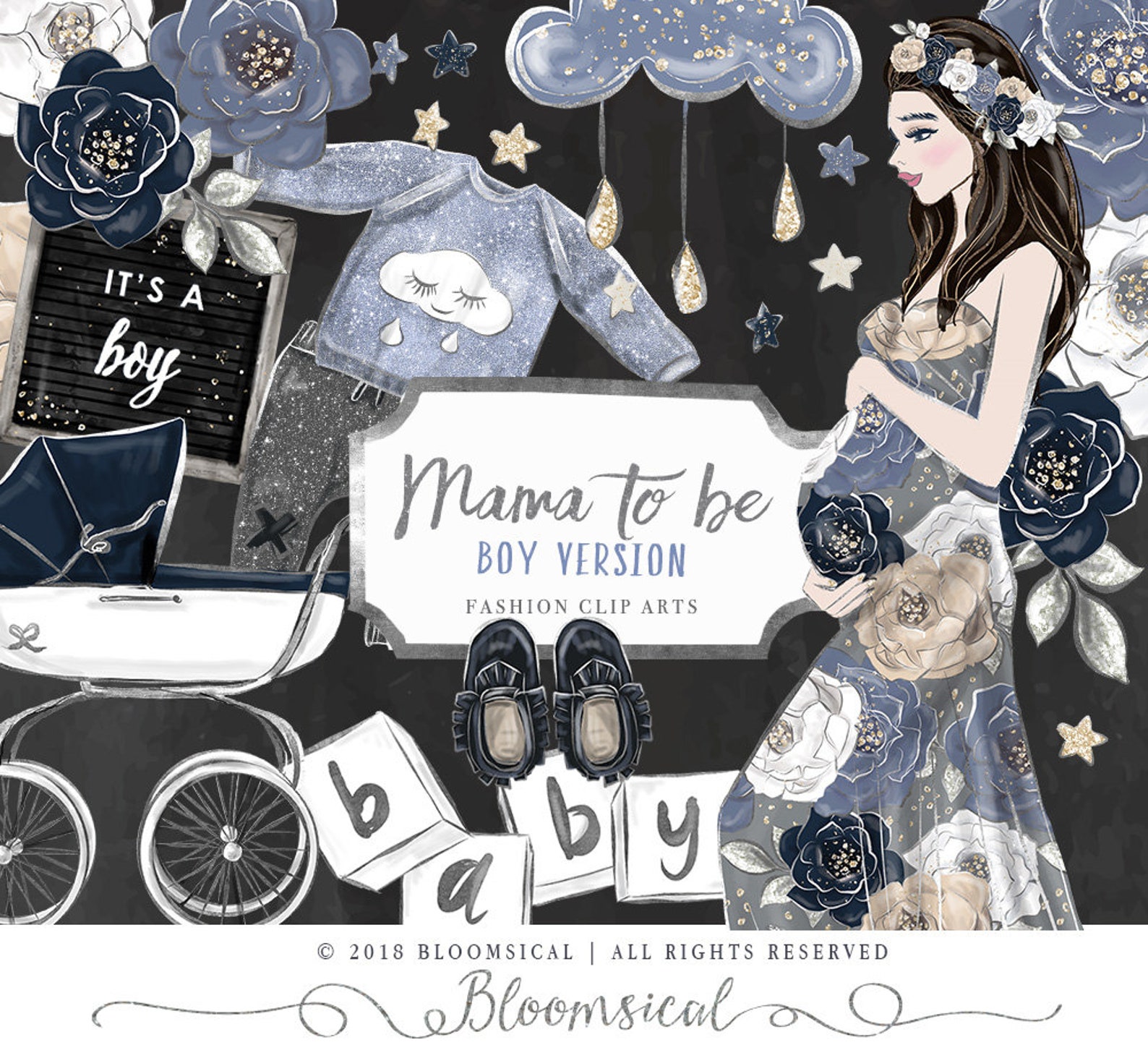 Mother to Be Clip Art Pregnant Baby Boy Silver Gold Glitter | Etsy