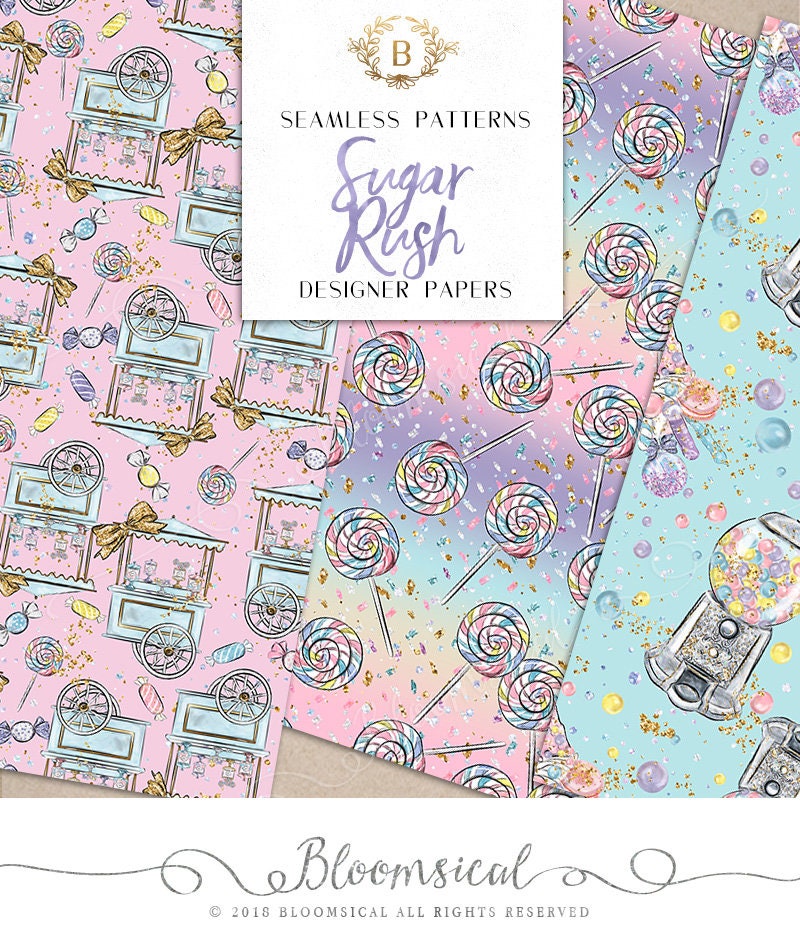 Sugar Rush Digital Papers Candy Land Lollipop Sweets Rainbow - Etsy
