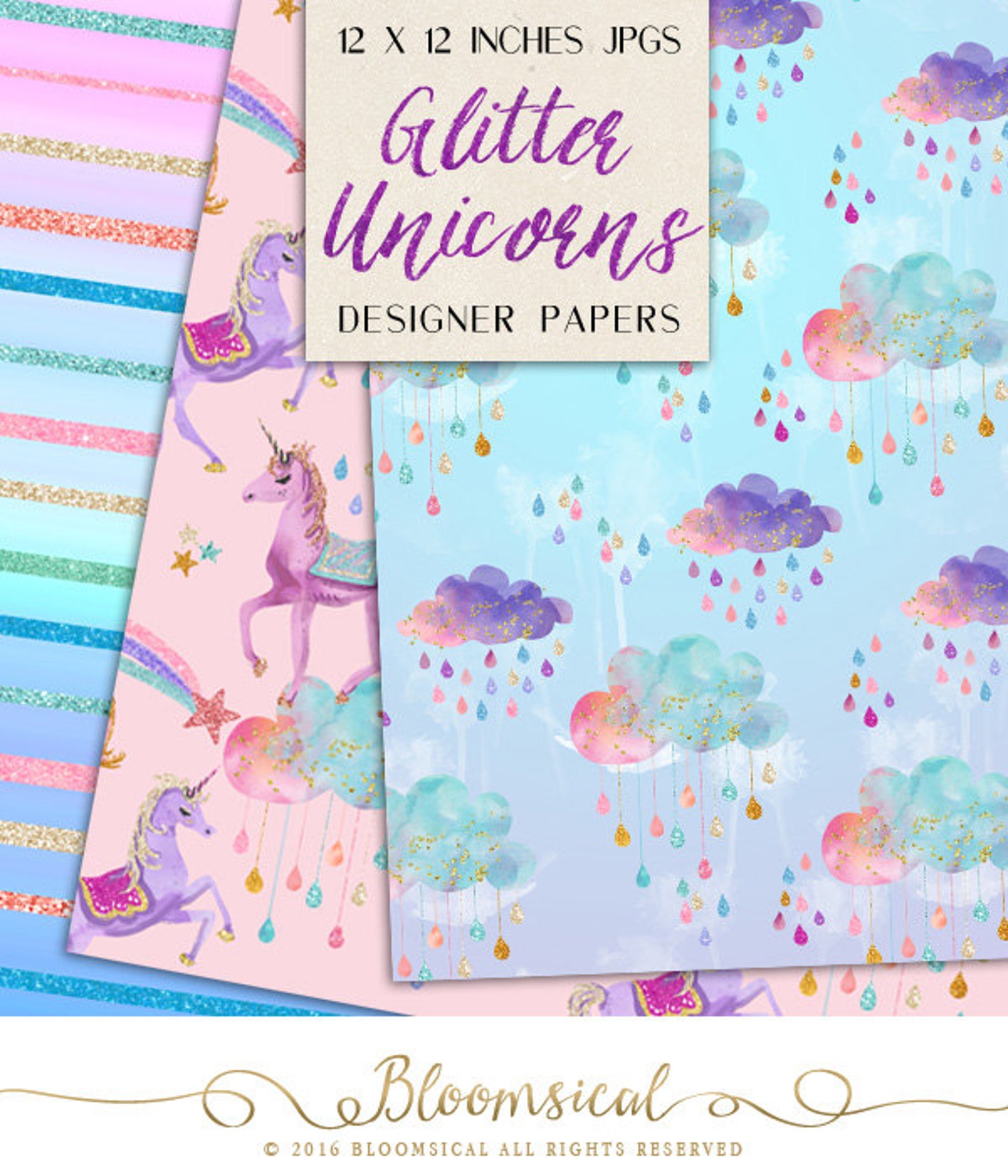 Unicorn Digital Papers Glitter Unicorns Ponies Clouds - Etsy