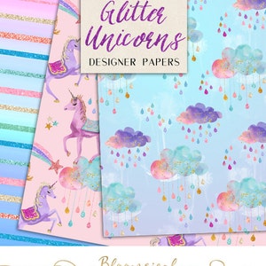 Unicorn Digital Papers | Glitter Unicorns Ponies Clouds Rainbow Pattern ...