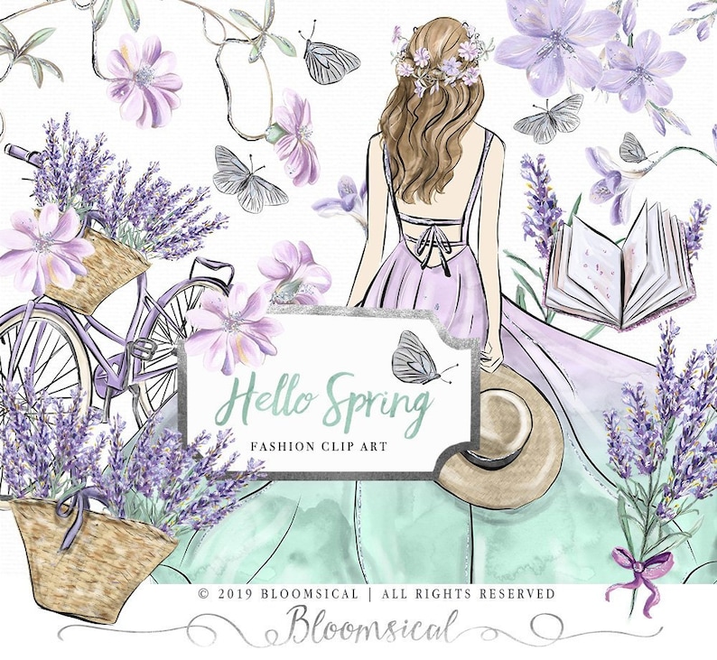 Hola primavera Clip Art ilustración de moda chica lavanda - Etsy España