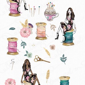 Couture Clip Art Hand Drawn Craft Sewing Machine Flowers Fashion ...