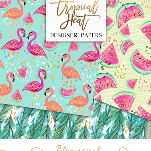 Tropical Digital Papers Summer Beach Girl Watermelon Flamingo Designs ...