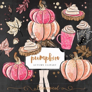 Pumpkin Clip Art Hand Drawn Autumn Leaves Fashion Illustrated Girl Fall ...