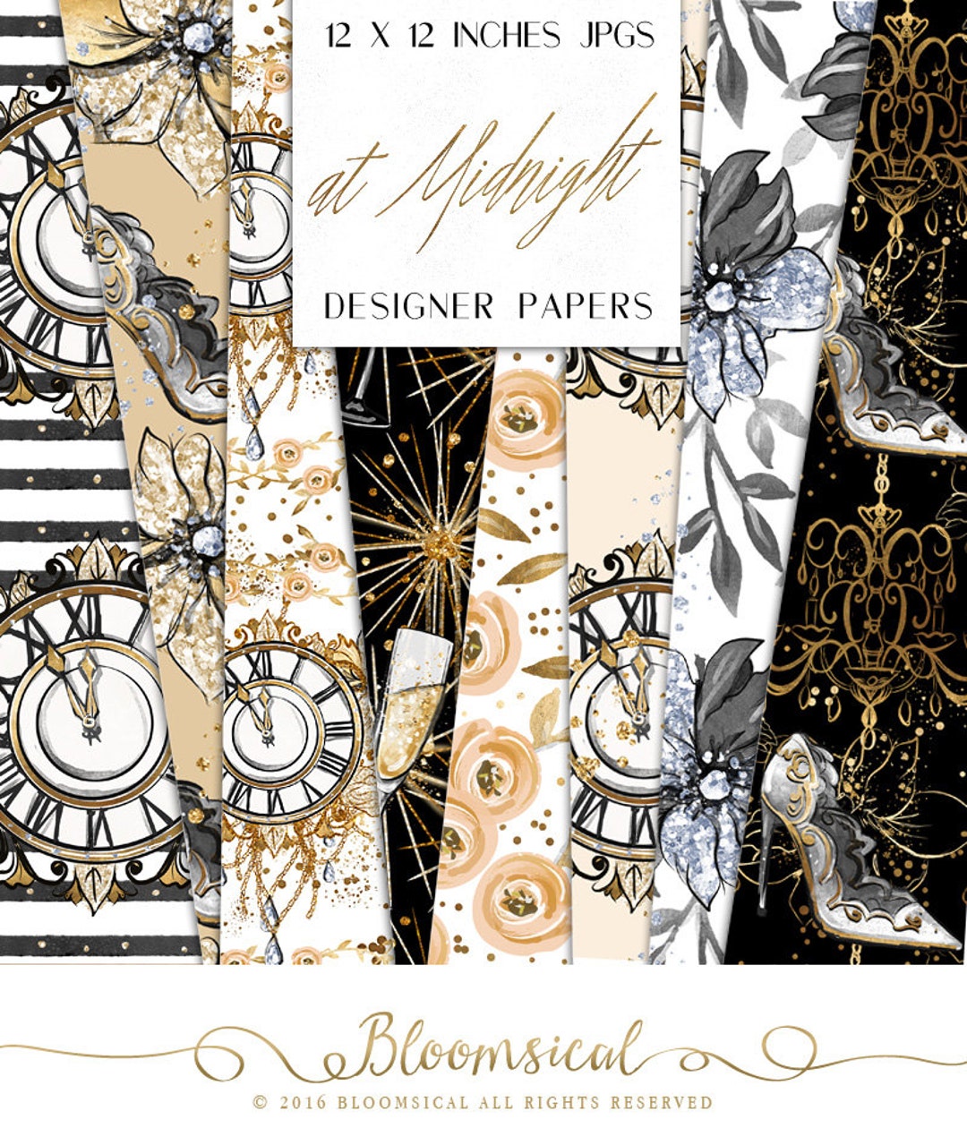 New Year's Eve Digital Paper Clock Champagne Flowers Sliver Gold ...