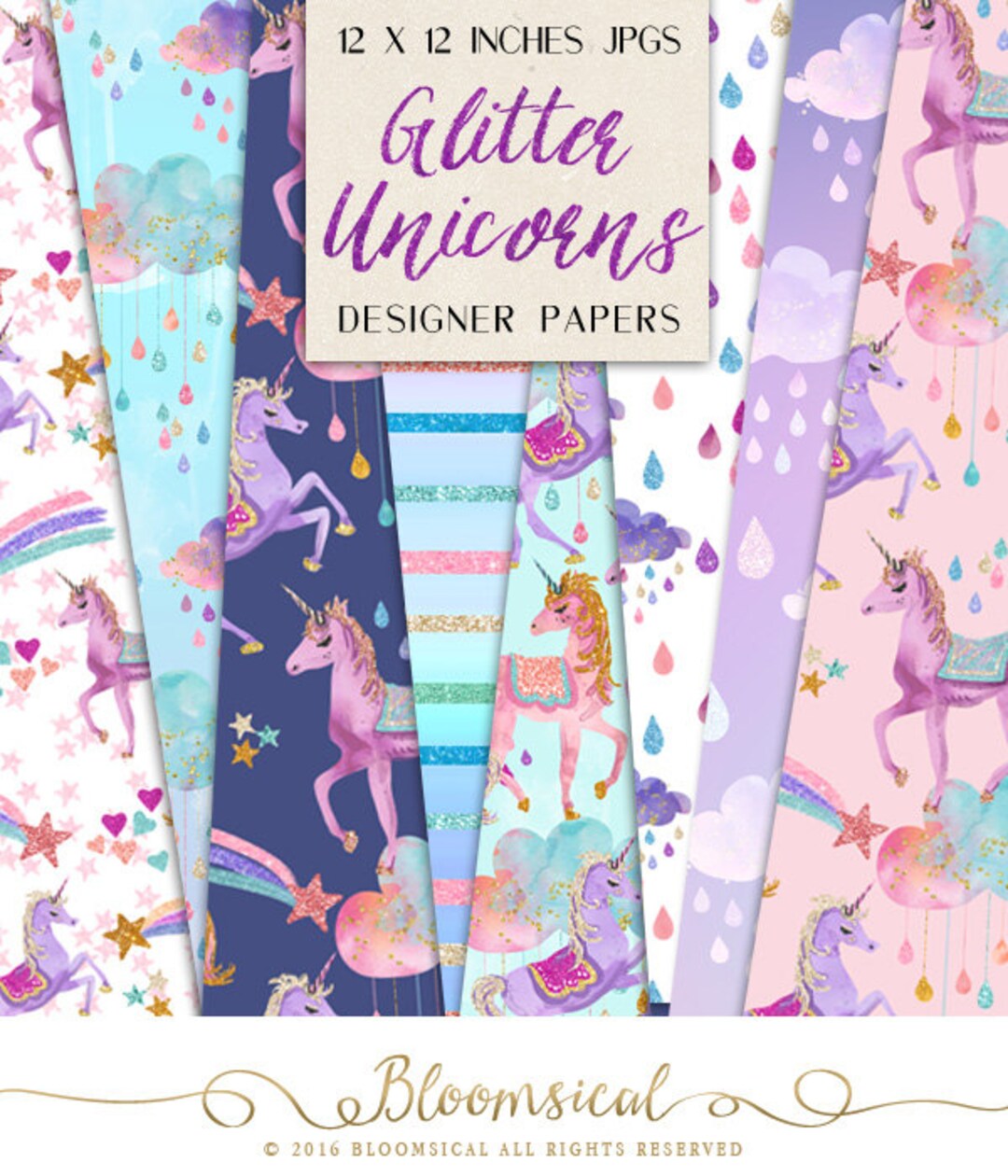 Unicorn Digital Papers | Glitter Unicorns Ponies Clouds Rainbow Pattern ...