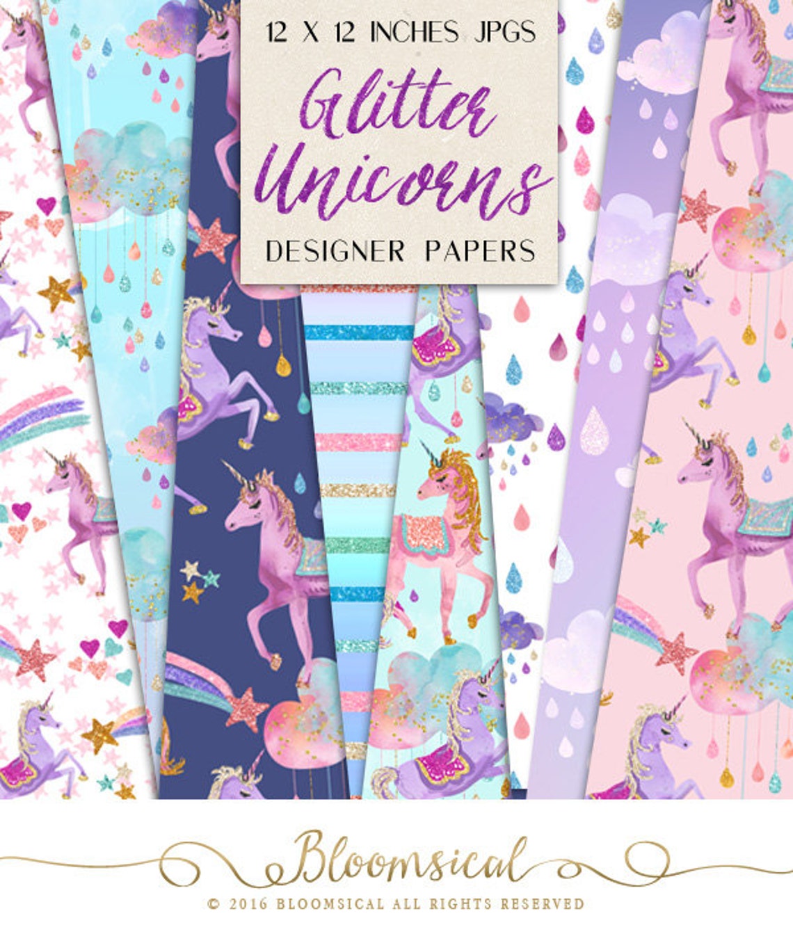 Unicorn Digital Papers Glitter Unicorns Ponies Clouds - Etsy