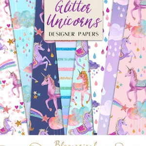 Unicorn Digital Papers | Glitter Unicorns Ponies Clouds Rainbow Pattern ...