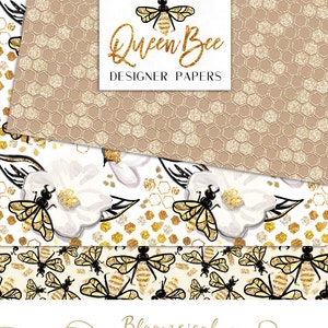 Queen Bee Digital Papers | Bees Honeycomb Flowers Gold Foil Glitter ...