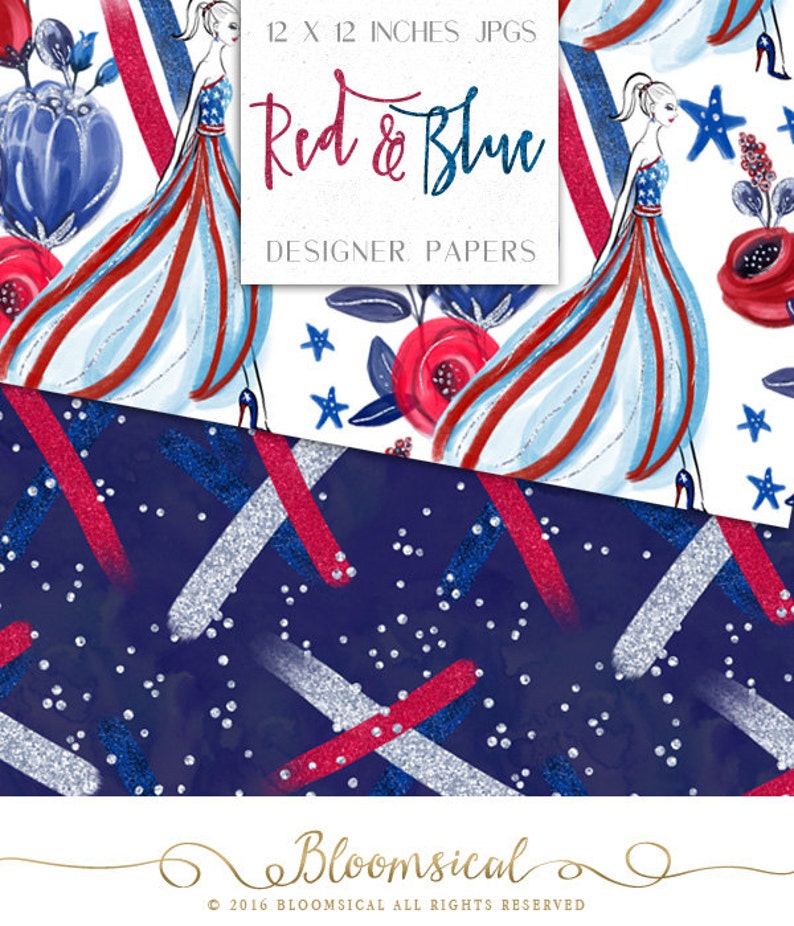 Red Blue Digital Papers 4th of July Hand painted Floral | Etsy