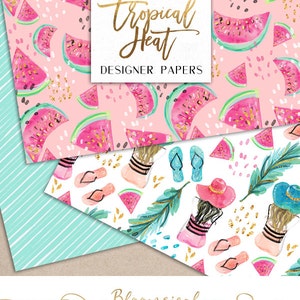 Tropical Digital Papers | Summer Beach Girl Watermelon Flamingo Designs ...