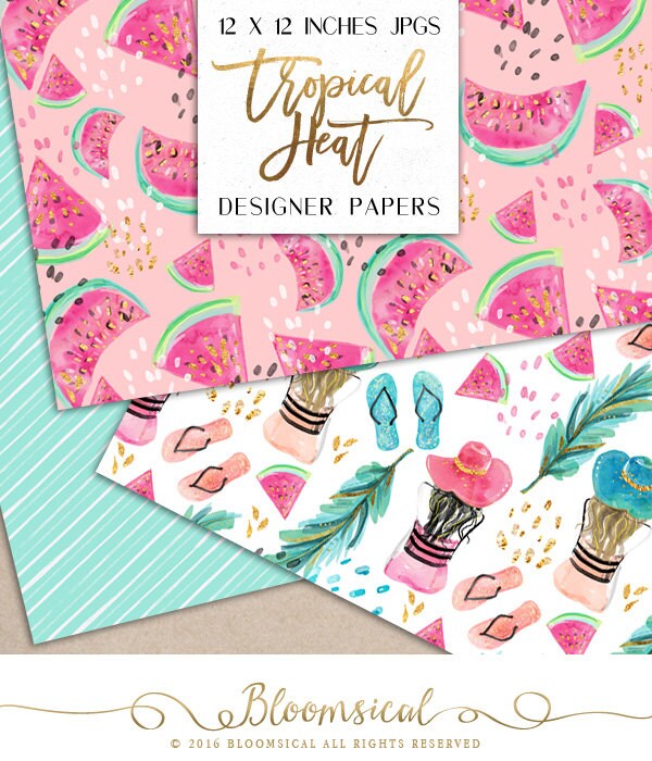 Tropical Digital Papers Summer Beach Girl Watermelon | Etsy