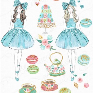 Macarons & Tea Party Clip Art Hand Drawn Pastry Cakes Tea Cup Tea Pot ...