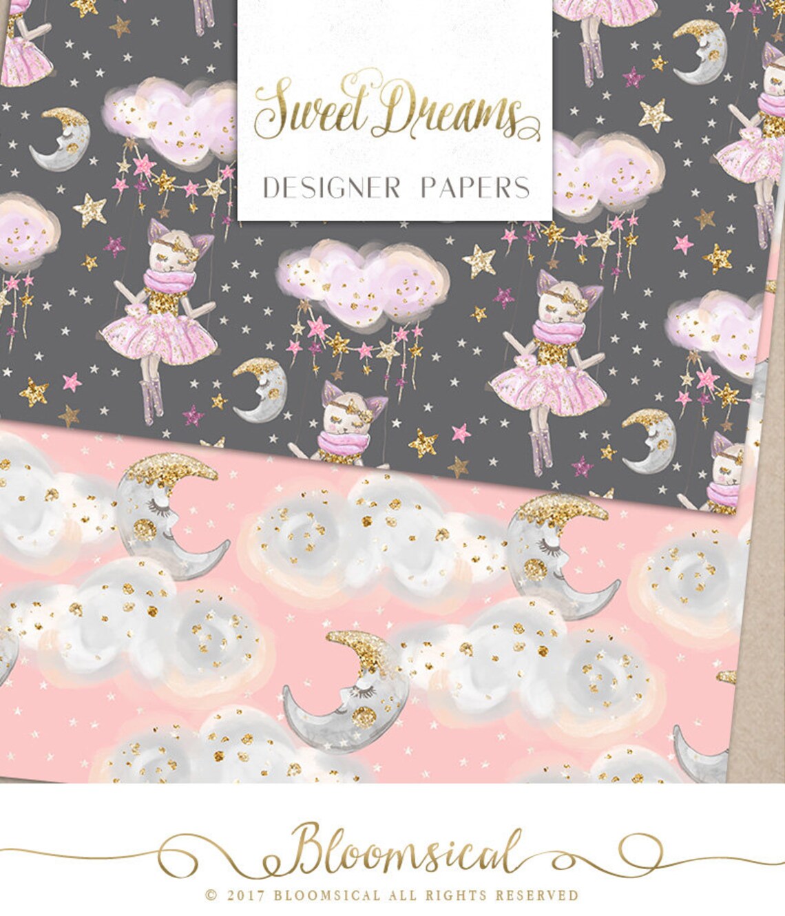 Sweet Dreams Digital Paper Pack Cat Bunny Stars Clouds Moon | Etsy