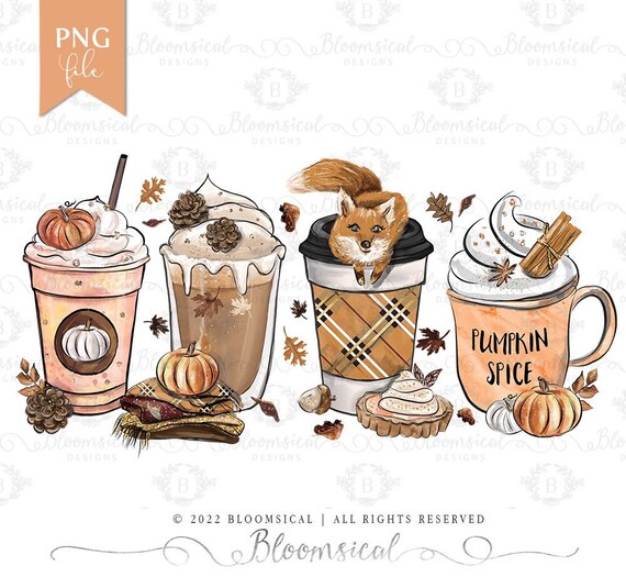Fall Coffee Drinks PNG Pumpkins Cute Fox Autumn Leaves Iced - Etsy