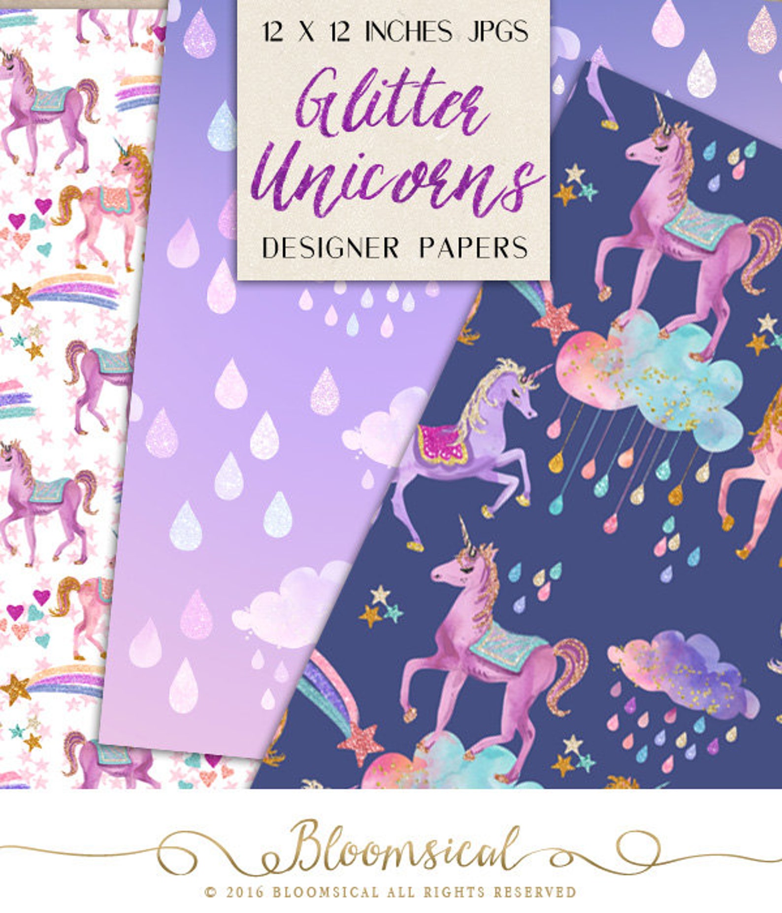 Unicorn Digital Papers Glitter Unicorns Ponies Clouds - Etsy