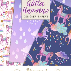 Unicorn Digital Papers | Glitter Unicorns Ponies Clouds Rainbow Pattern ...
