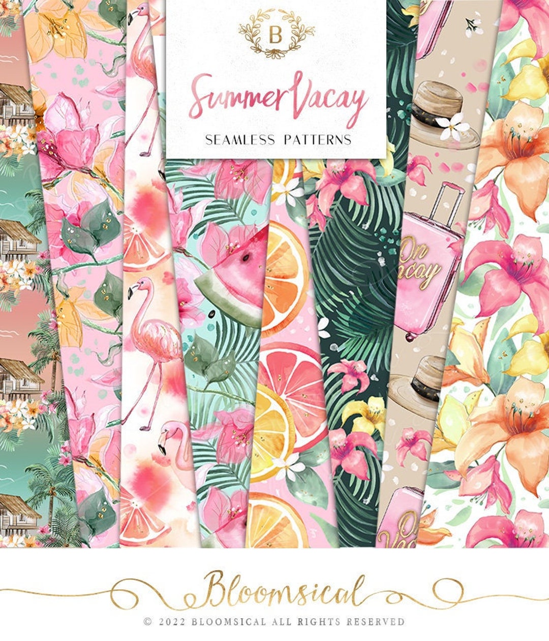 Summer Vacay Digital Papers | Watercolor Tropical Vacation Coconut ...