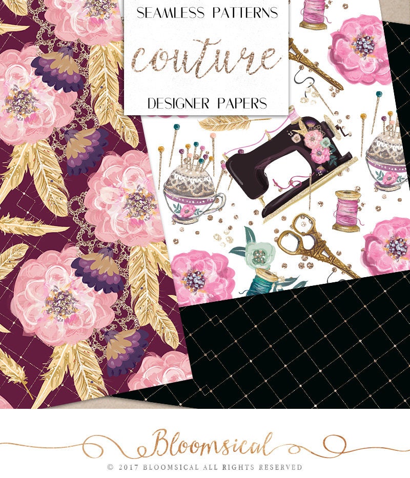 Couture Sewing Craft Digital Paper Pack Bobbin Thread Scissors Seamless ...