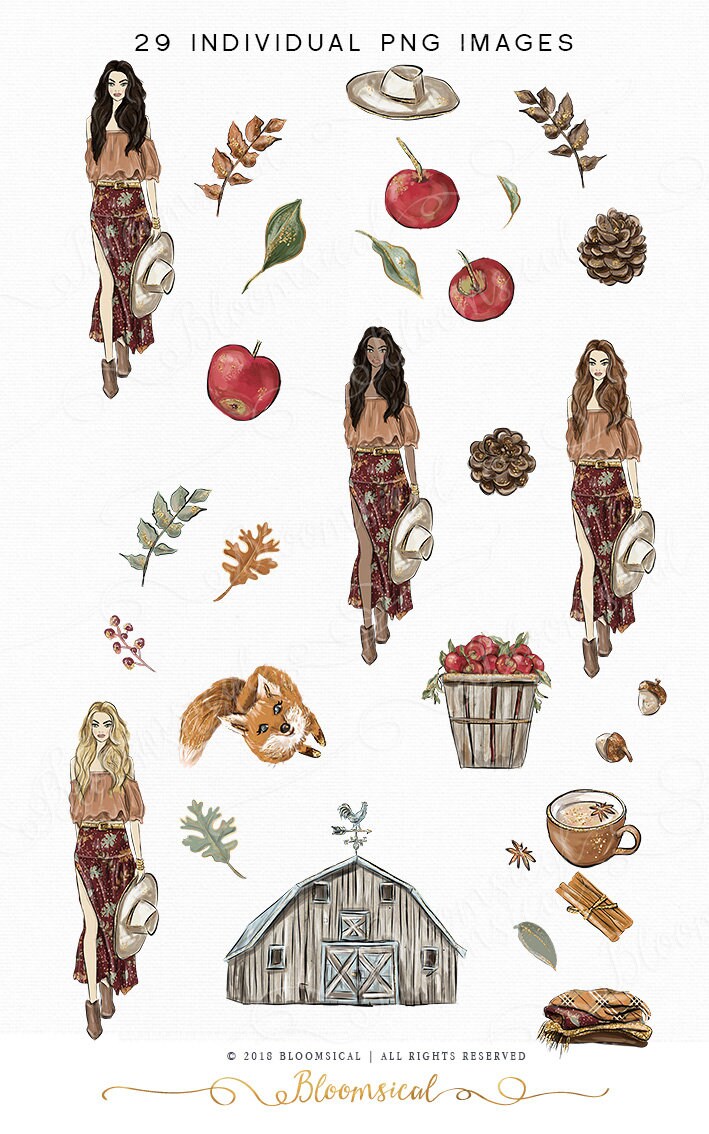 Fall Clip Art Apples Rustic Chic Fashion Girl Fox Autumn - Etsy