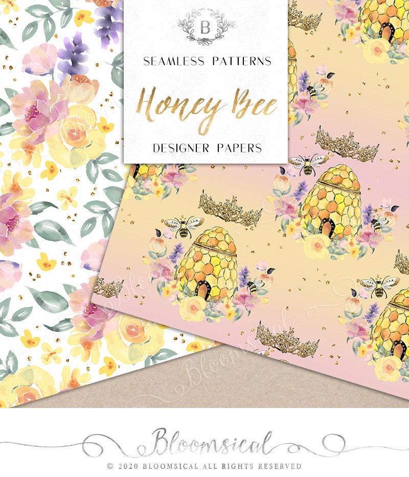Honey Bee Digital Papers Flowers Honeycomb Gold Glitter | Etsy