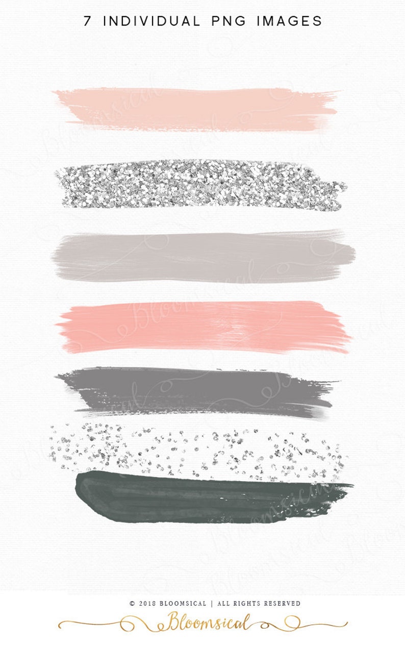 Pink Gray Brush Strokes Clip Art Hand Painted Blush Silver | Etsy
