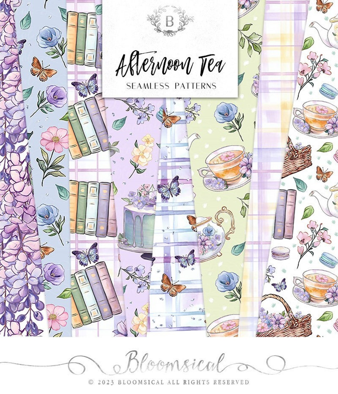 Afternoon Tea Seamless Digital Papers | Spring Floral, Plaid, Books ...