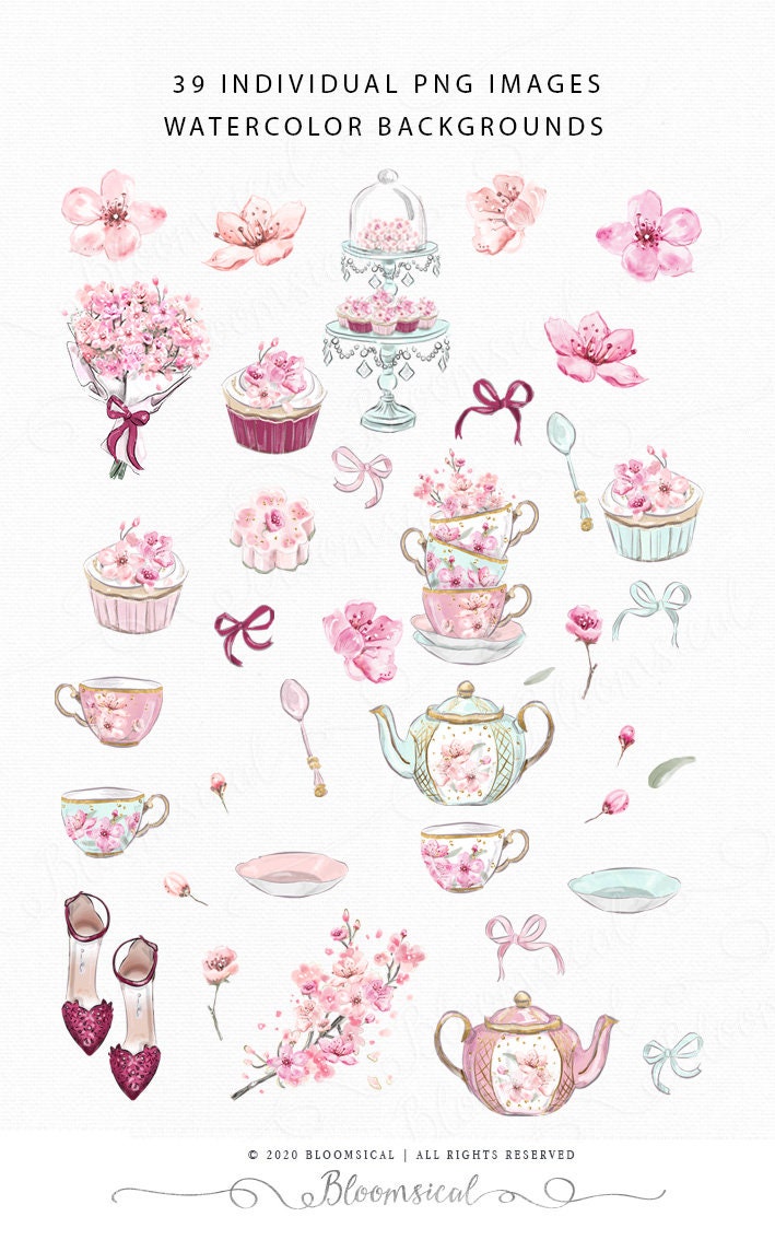Cherry Blossom Tea Party Clipart Spring Floral Sakura - Etsy