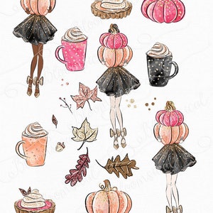 Pumpkin Clip Art Hand Drawn Autumn Leaves Fashion Illustrated Girl Fall ...