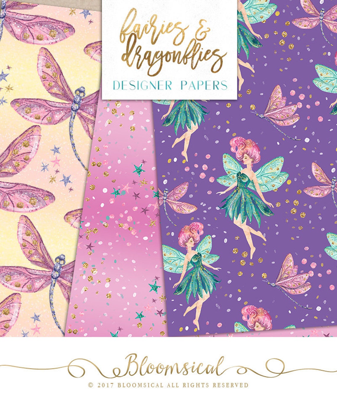 Fairy Dragonfly Digital Paper Pack Floral Glitter Stars | Etsy