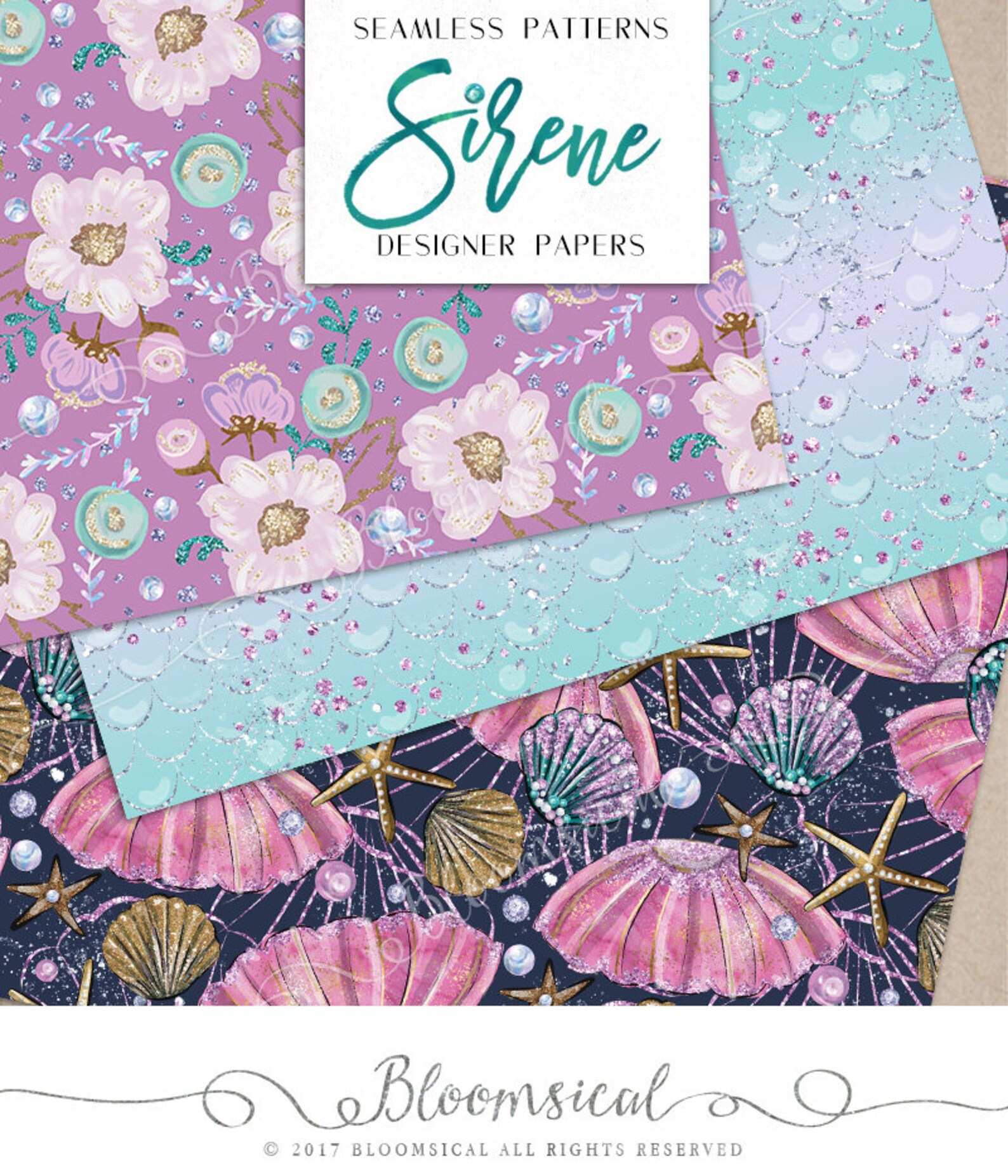 Mermaid Digital Papers Seahorse Starfish Sea Life Glitter - Etsy