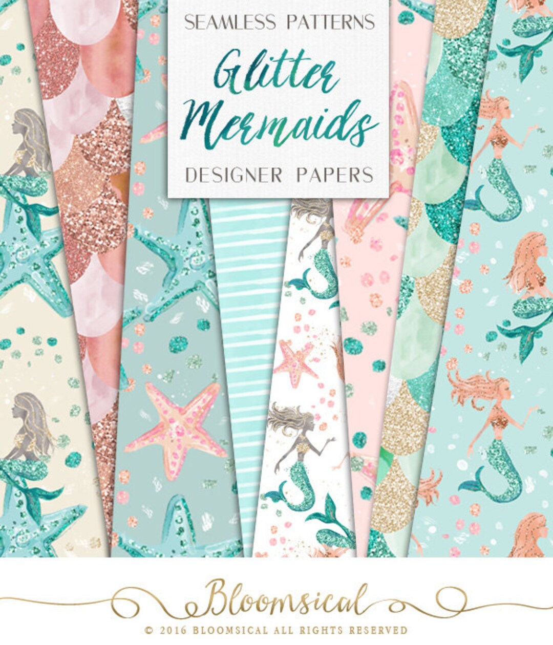 Mermaid Digital Papers Hand Painted Glitter Mermaids Starfish Pattern ...