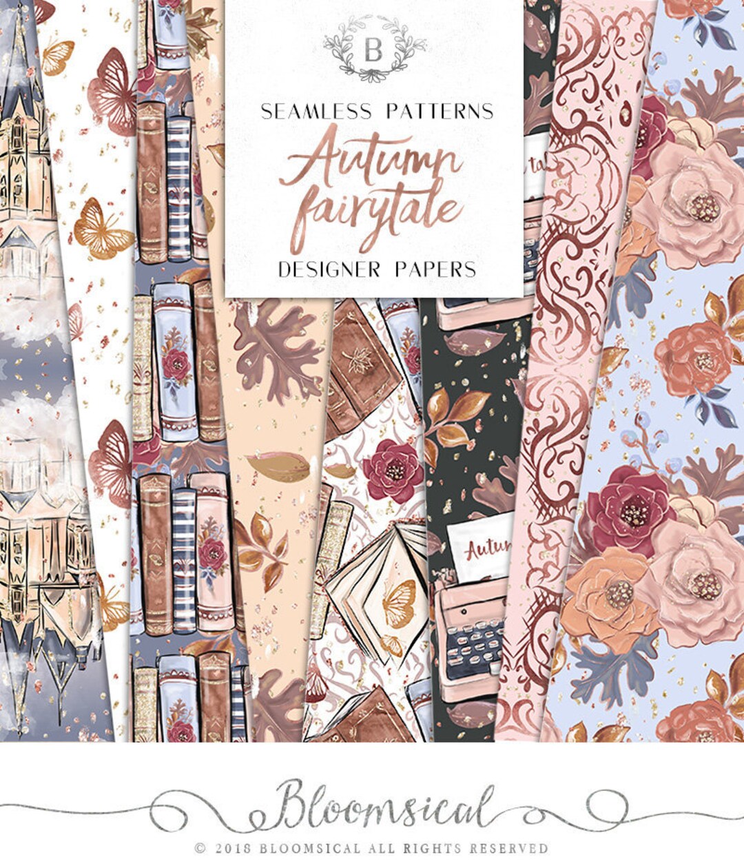 Autumn Digital Papers | Fairytale Fall Floral Books Butterflies ...