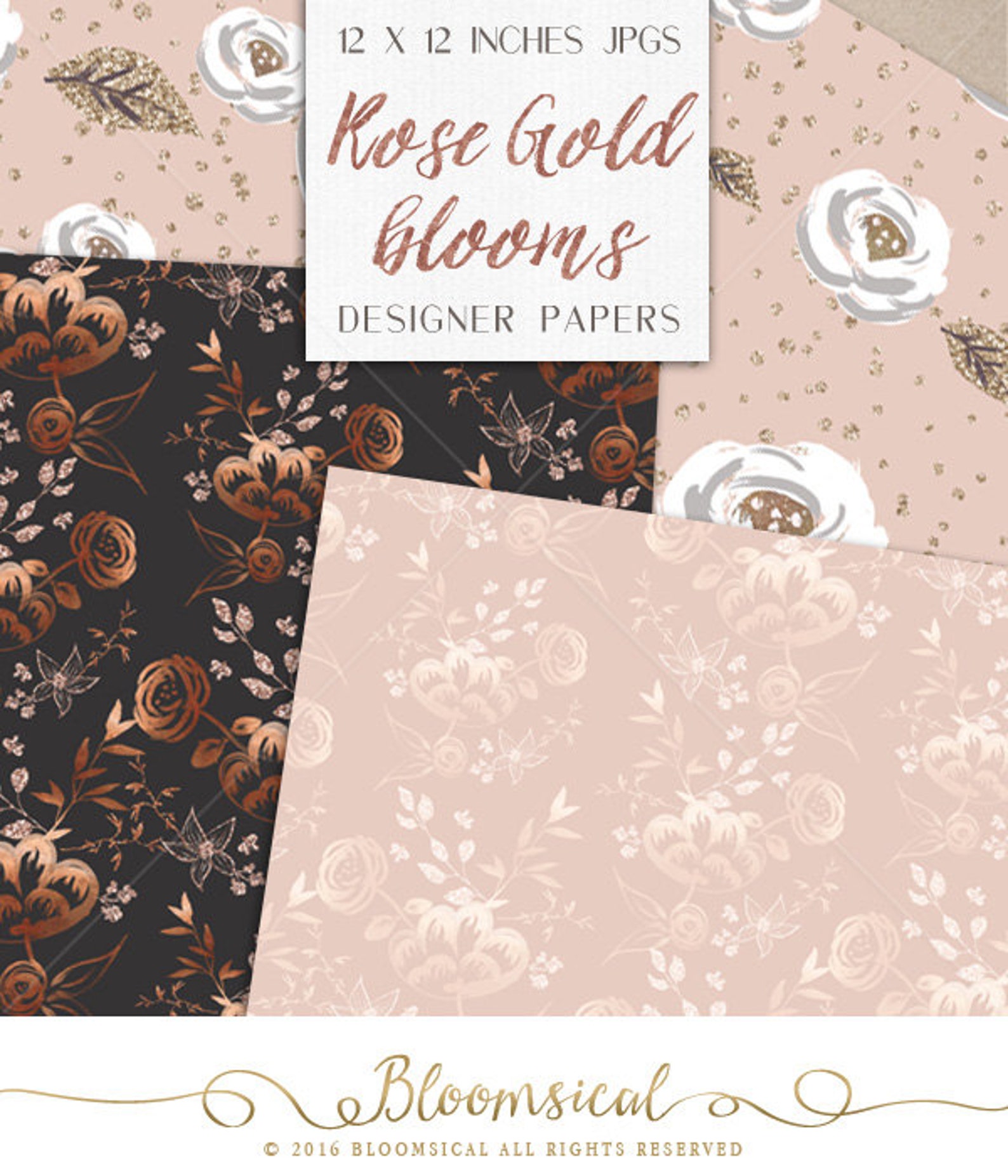 Rose Gold Floral Digital Papers Hand Drawn Flowers Foliage - Etsy